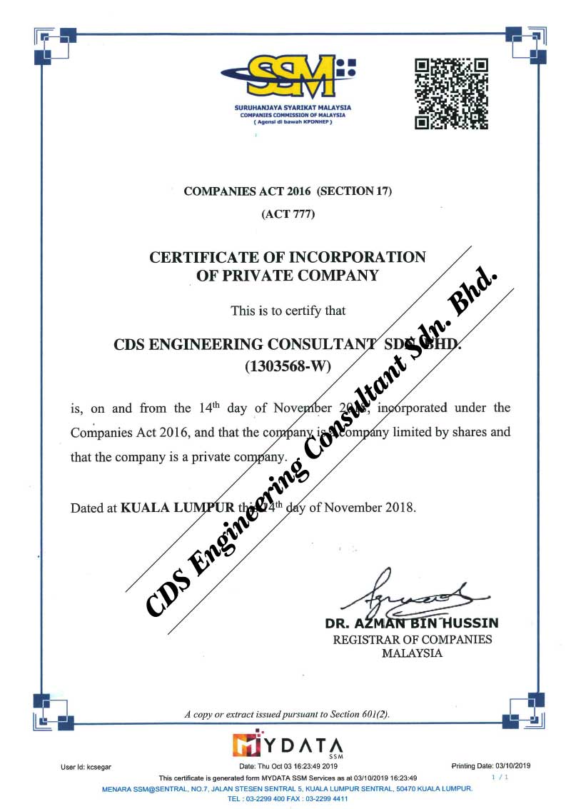 Certification - CDS Engineering Consultant Sdn Bhd